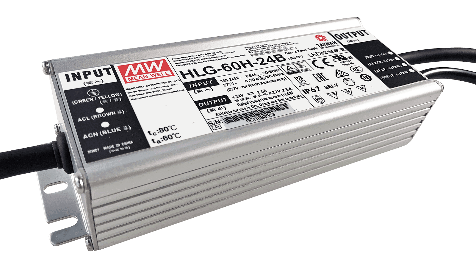 Mean Well HLG-60H-24B, 60W LED Treiber CV+CC 24V/2.5A, 3in1 Dimming