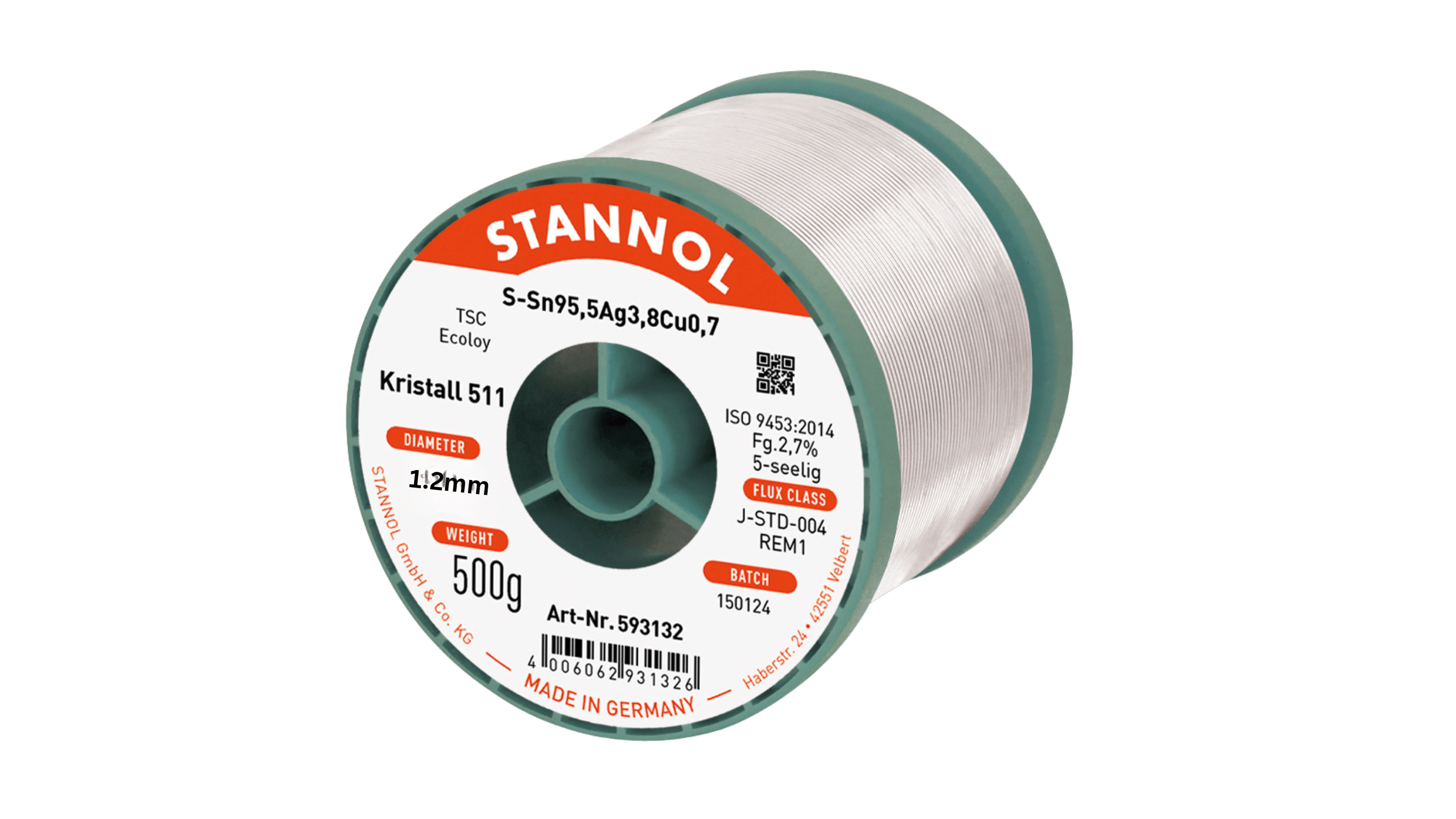 STANNOL - Solder wire Kristall 511, Sn96,5Ag3Cu0,5 - TSC305, RE M1, 1.2mm, 500g