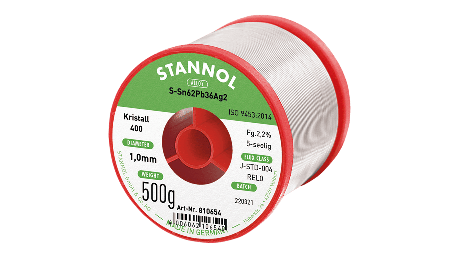 STANNOL - Solder wire Kristall 400, Sn62Pb36Ag2, RE L0, 1mm, 500g