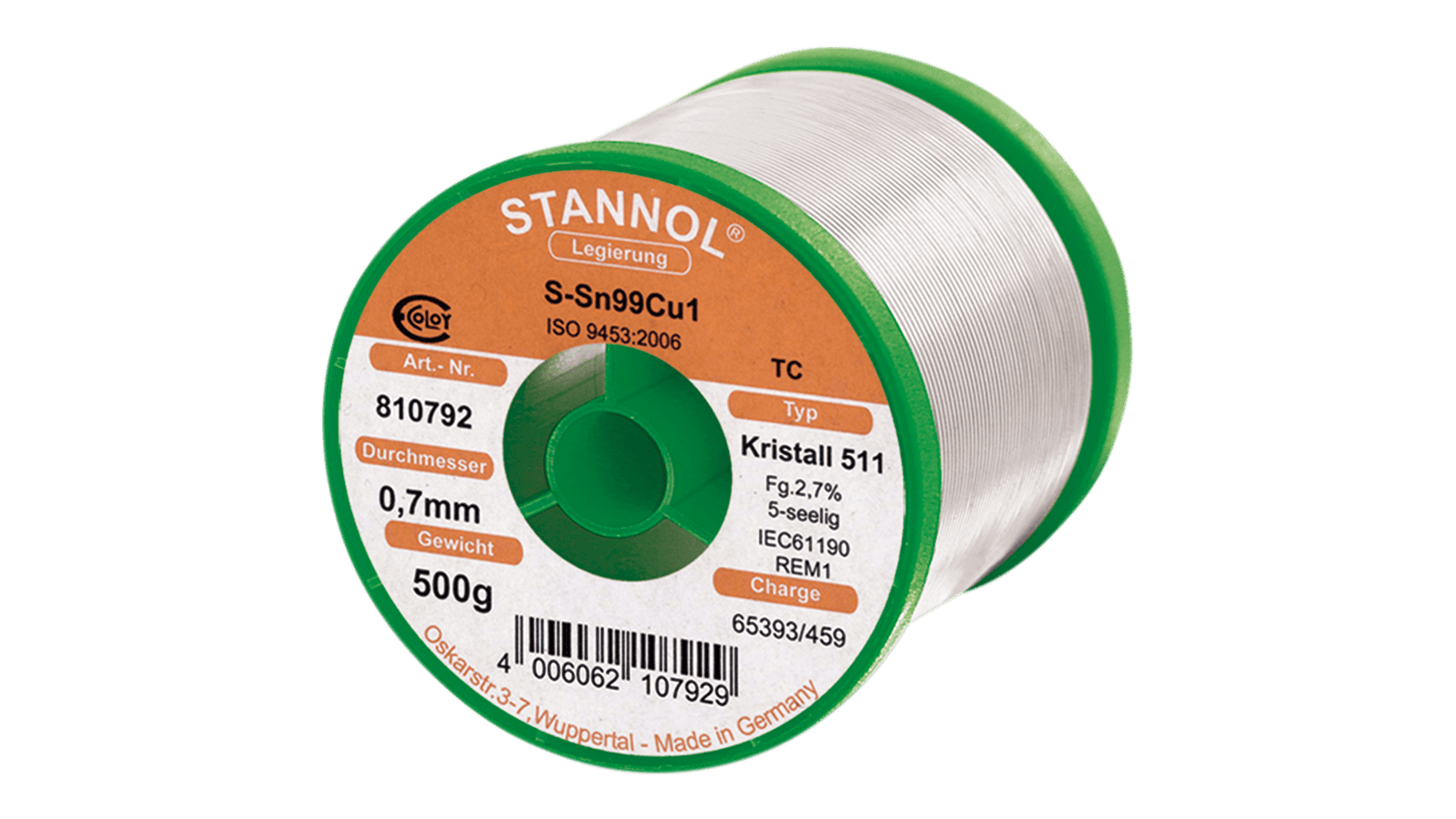 STANNOL - Solder wire Kristall 511, Sn99,3Cu0,7 - TC, RE M1, 0.7mm, 500g