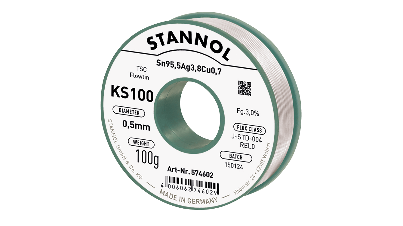 STANNOL - Lötdraht KS100, Sn95,5Ag3,8Cu0,7 - FLOWTIN TSC, RE L0, 0.5mm, 100g
